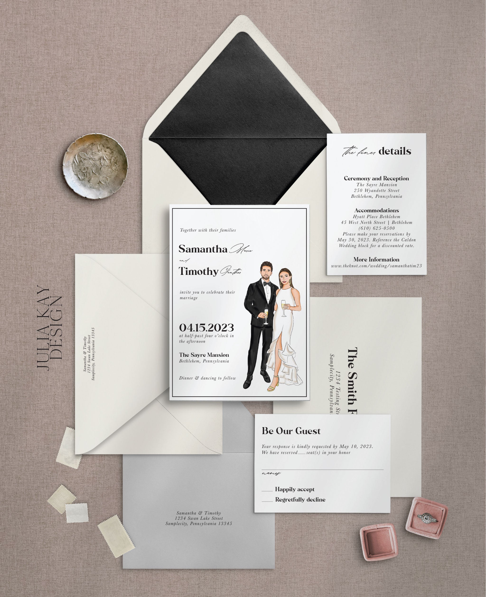 Hand Illustrated Couple Portrait Wedding Invitation Set – Julia Kay Design